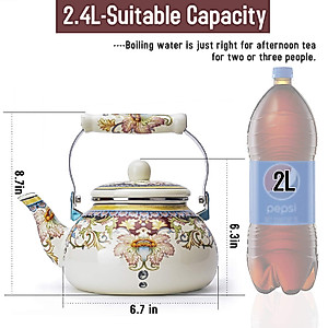 Floral Ceramic Enamel Teapot Tea Kettle for Stovetop,Large Porcelain Enameled Teakettle (white) (2.4L, white2)