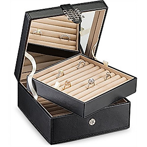 Glenor Co Ring Organizer Box - 108 Slot Classic Jewelry Display Holder - 2 Storage Trays with Modern Buckle Closure, Large Mirror - Holds Rings and Cufflinks - PU Leather Case - Black