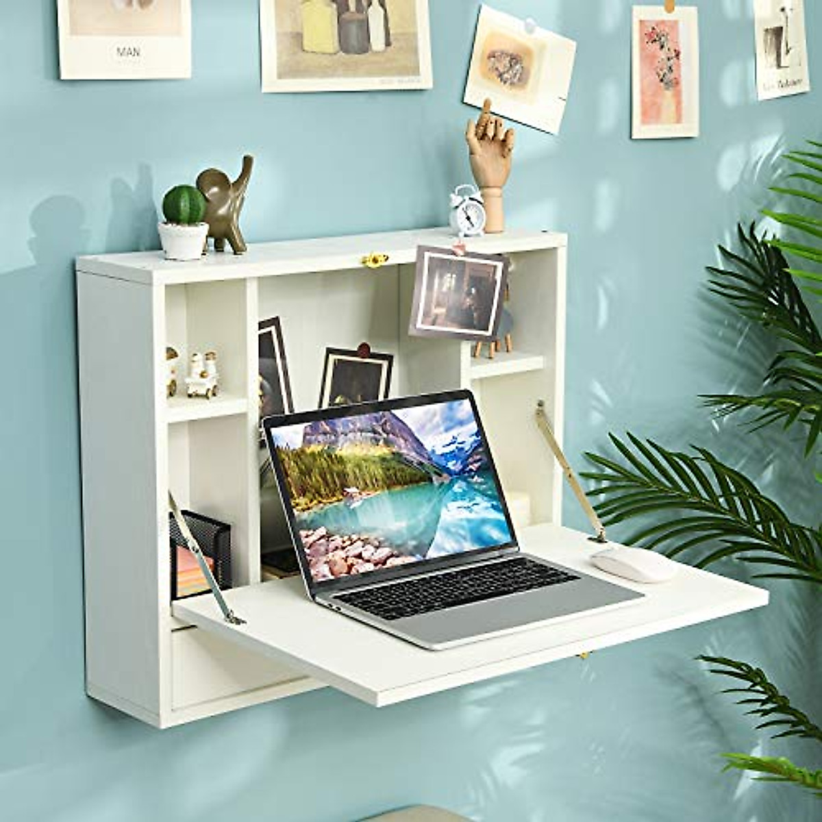 Tangkula Wall Mounted Desk, Folding Wall Table Floating Desk Wall Mount Laptop Desk, Space Saving Wall Mounted Table Wall Desk with Storage Drawer & Shelves (White)