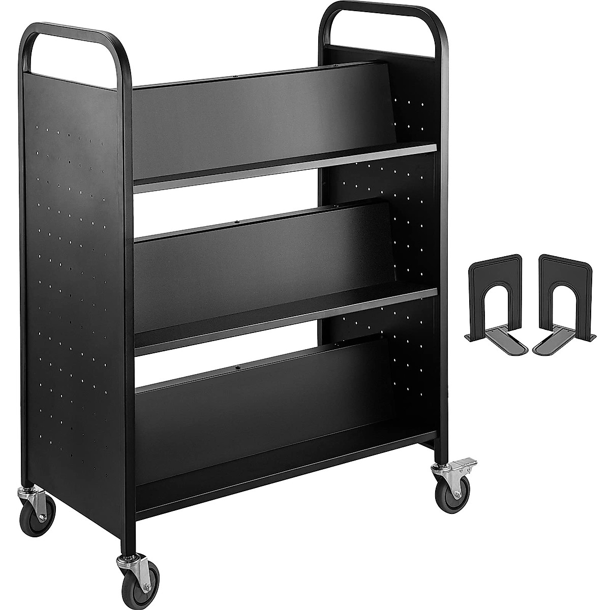 VEVOR Book Cart, Library Cart 6-Shelf, Rolling Library Book Cart Double Sided W-Shaped Sloped Shelves with 4-Inch Lockable Wheels, for Home Shelves Office and School Book Truck in Black