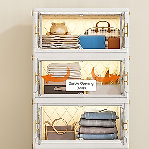 Collapsible Storage Bins with Double Opening Doors, Stackable Organizer with Wheels and Lids, Large Plastic Storage Cabinet for Bedroom, Living Room, and Office (53cm Wide) (4 Layers)