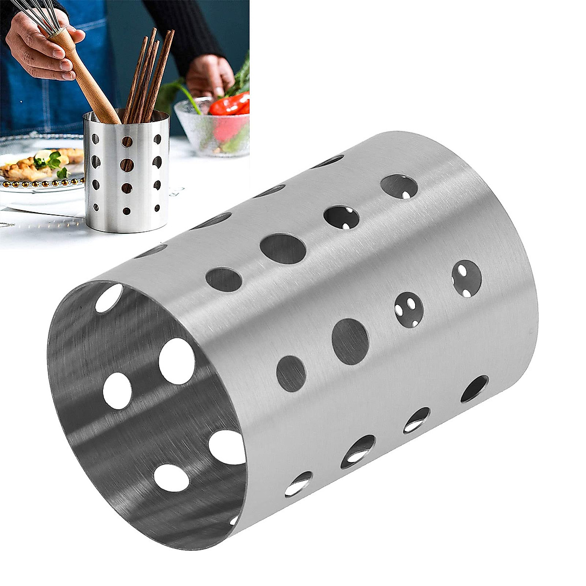 Tomotato Stainless Steel Utensil Holder, 6.3" Kitchen Utensil Holder Caddy Silverware Drying Rack Utensil Drainer Countertop Utensil Storage Organizer Cutlery Holder, 3.9" Diameter