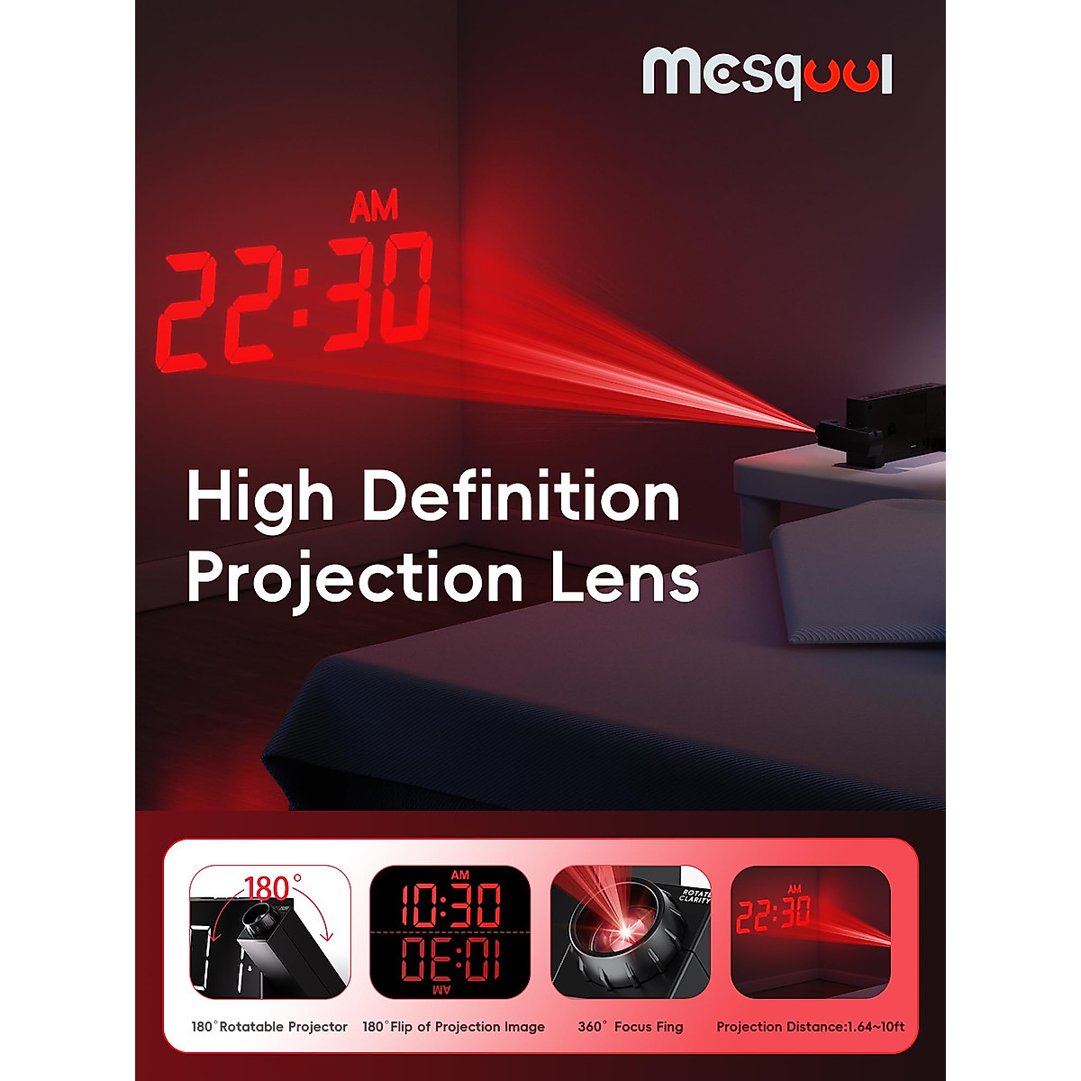 Projection Digital Alarm Clock with Bed Shaker for Bedroom, Extra Loud Alarm Clock for Heavy Sleeper, 180° Rotable Ceiling Projector Clock,2 Alarm,5 Dimmer Volume,USB Charger, Battery Backup,12/24H…