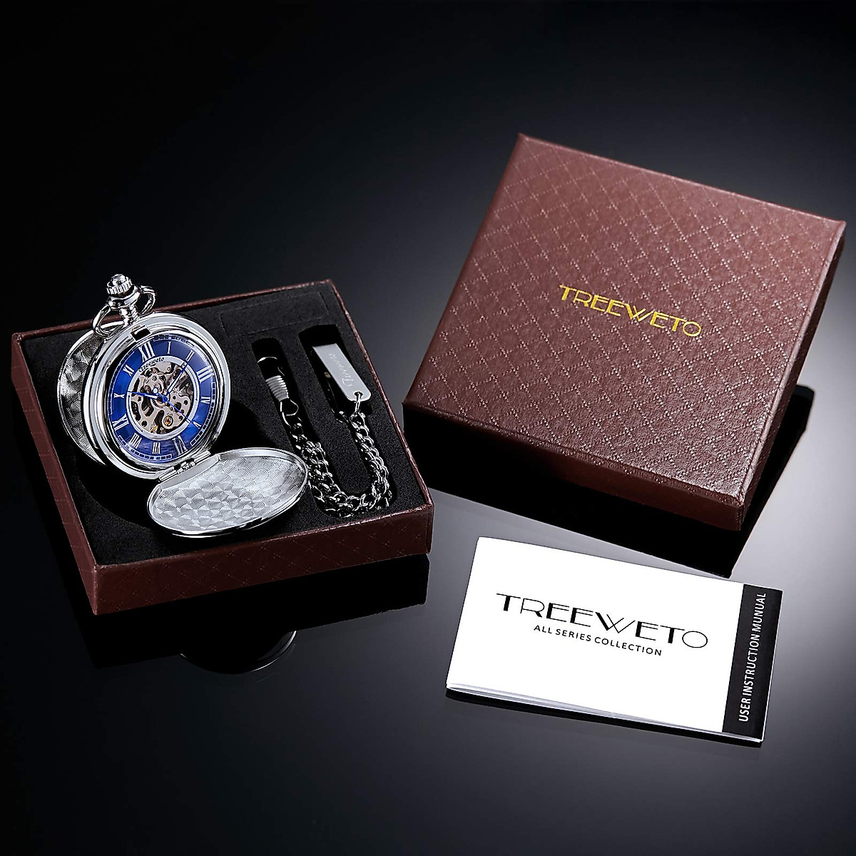 TREEWETO Pocket Watch - Smooth Double Case Series Skeleton Dial Delicate Mechanical Movement with Chain, Silver