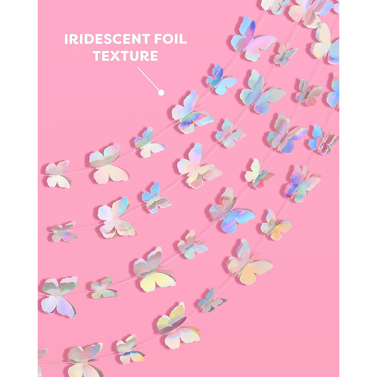 xo, Fetti 3D Iridescent Butterfly Hanging Garland - 4 pcs, 12' | Bachelorette Party Decorations, Birthday Supplies, Baby Shower Photo Booth, HBD, Garden Party Favors, Y2k