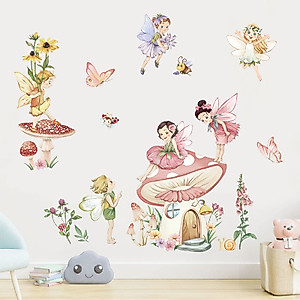 wondever Fairy Mushroom Wall Stickers Flowers Butterfly Elf Peel and Stick Wall Art Decals for Girls Bedroom Kids Room Baby Nursery