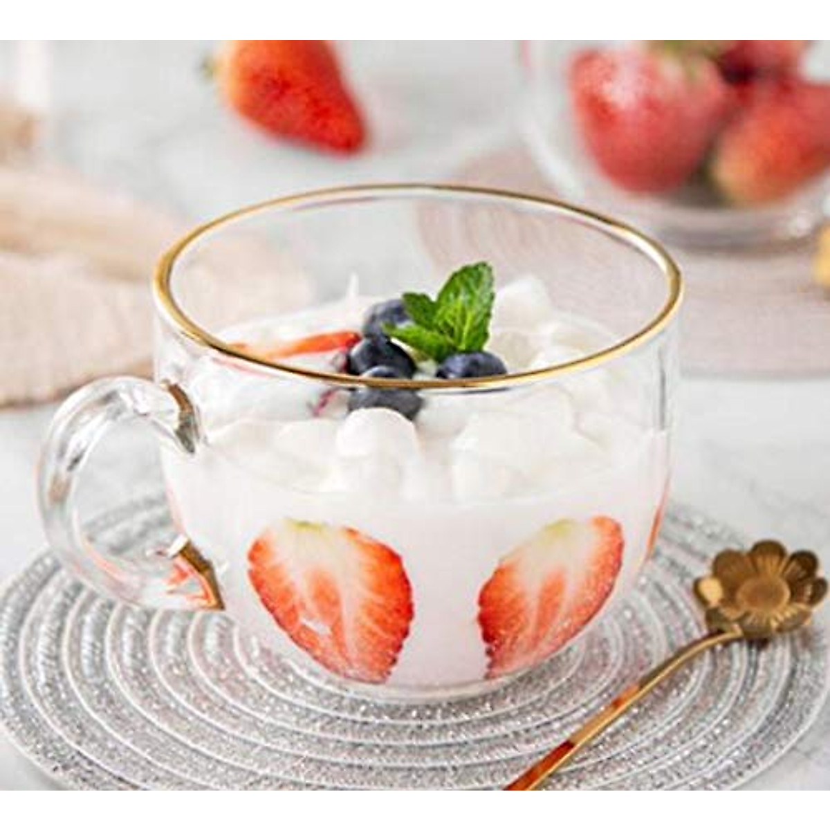 KKGUD Set of 2 Glass Teacups with Gold Rim, Oatmeal Cups, Yogurt Bowls with Spoons (Simple Design, 16oz)