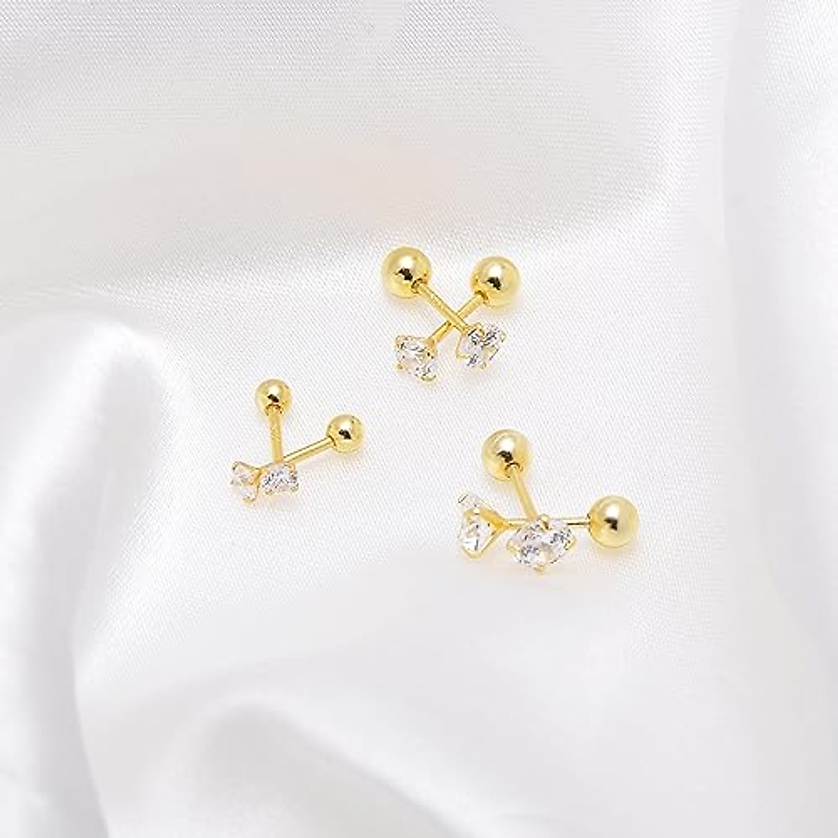 3 MM Cubic Zirconia Sterling Silver Plated Yellow Gold Stud Earrings for Women, Screw Ball Backing