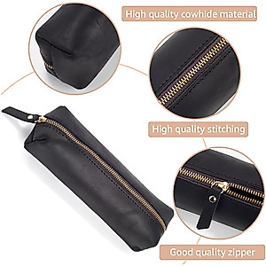 GORGECRAFT Leather Pencil Case Crazy Horse Large Capacity Genuine Leather Pencil Pouch Rectangular Portable Zippered Pen Cases with Zipper for Men and Women Office Supplies Pen Case, Black