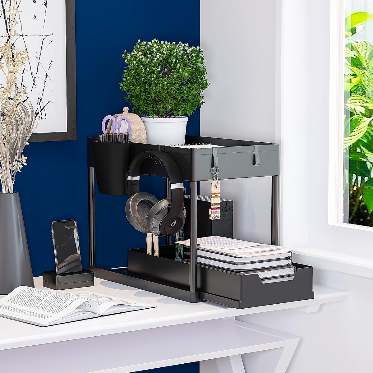 HomeCentral Under Sink Organizers and Storage, 2 Tier Kitchen and Bathroom Cabinet Organizer with Paper Towel Holder, 2 Pack Under Sink Organizer with Hooks, Cups and Pull Out Drawers