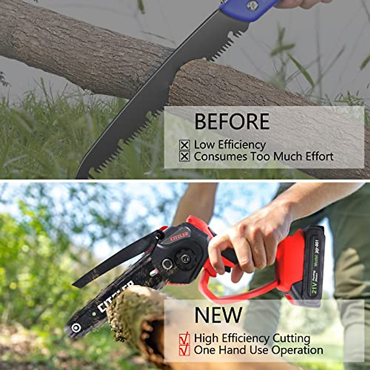 CITELER Mini Chainsaw, 6 Inch Mini Chainsaw Cordless with Safety Lock, 21V Rechargeable Power Chain Saws with 2 Batteries, One-Hand Handheld Small Electric Chainsaw for Fast Branch Wood Cutting