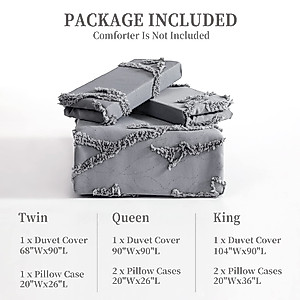 Queen Size Duvet Cover Set - 3-Piece Shabby Chic Branches Tufted Embroidery Duvet Cover Set for All Seasons, Grey, 90 x 90 Inch