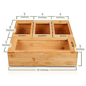 Purawood Ziplock Bag Storage Organizer - Natural Bamboo Organizer to Declutter Your Kitchen – Easy & Efficient Ziplock Bag Organizer - Baggie Holder Compatible with all Brands (4-Pack)