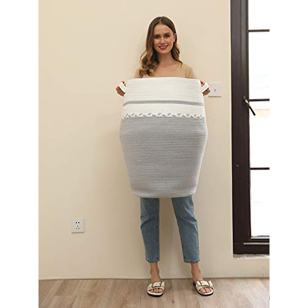 26" x 20" Tall Extra Large Storage Basket with Lid, Cotton Rope Storage Baskets, Woven Laundry Hamper with Cover, Toy Storage Bin, for Toys Blanket in Living Room, Baby Nursery, White/Grey