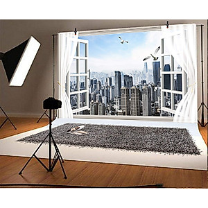 Baocicco 10x7ft White Windowsill Backdrop Vinyl Window View Photography Background White Window Curtains City Skyline Blue Sky Children Kids Adult Portrait Photo Video Studio Props