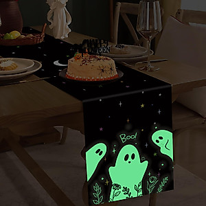 Halloween Luminous Table Runner Cute Ghost Floral Stars Noctilucent Runner Farmhouse Holiday Home Party Kitchen Dining Table Glow in The Dark Indoor Outdoor Decoration 13x72 Inch