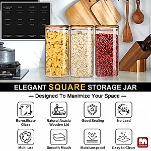 GMISUN Airtight Glass Storage Canister with Lid, 50oz Clear Glass Food Containers with Bamboo Lids, Square Kitchen Pantry Food Canister Jars for Pasta Coffee Beans Flour Cereal, 3 Pack