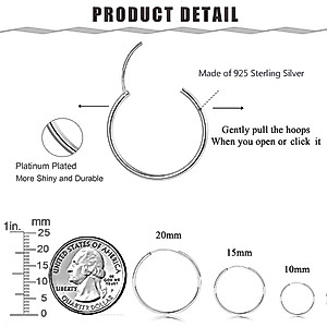Sllaiss 3 Pairs 925 Sterling Silver Small Hoop Earrings For Women Men Round Endless Hoop Earrings Set Lightweight 10MM 15MM 20MM (Set 1：10MM 15MM 20MM)