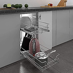 STORKING 2 Tier Wire Basket Pull Out Organizer Shelf Sliding Drawer Storage for Kitchen Base, Double-Tier Heavy Duty Cabinets Chrome-Plating, 21”W x 22”D Cabinet Opening Wire Frame Plating Finish