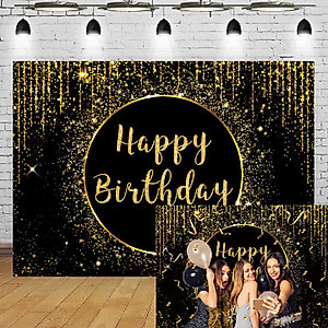 Maijoeyy 7x5ft Black Gold Happy Birthday Backdrop Golden Sparkle Shining Dots Photography Background Glitter Bokeh Sequin Spots Backdrop for Women Men Birthday Party Decoration Banner