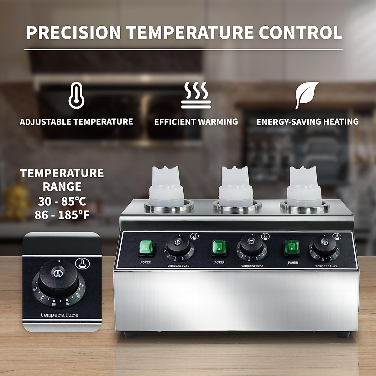 Generic Electric Sauce Warmer Dispenser Commercial Hot Fudge Sauce Bottle Warmer Nacho Cheese Warmer Dispenser with 650ml Bottles 30-85℃ Adjustable, Silver