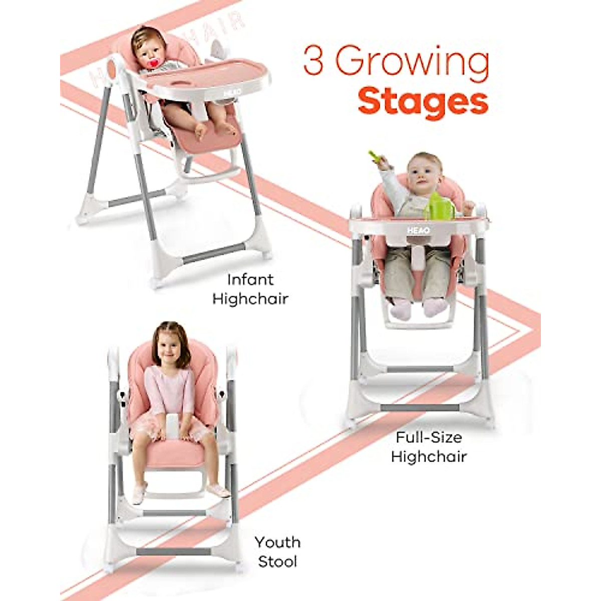 HEAO Adjustable 7 Height 5 Reclining Angle Foldable Baby High Chair with 360 Degree Rotating Wheels, 3 Footrest Positions, and Removable Tray, Pink