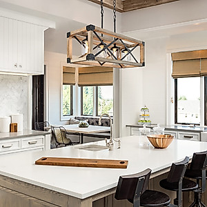 LOG BARN Dining Room Lighting Fixtures Hanging, 4-Light Farmhouse Chandelier, 27.5" Rectangular Chandelier with Clear Glass Shades