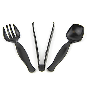 Fit Meal Prep [30 Pack] 10 x 9" Spoons, 10 x 9" Forks, 10 x 9" Tongs Combo, Black Disposable Plastic Serving Utensils Set, Heavy Duty Catering Supplies, Wedding, Birthday Party, Buffet