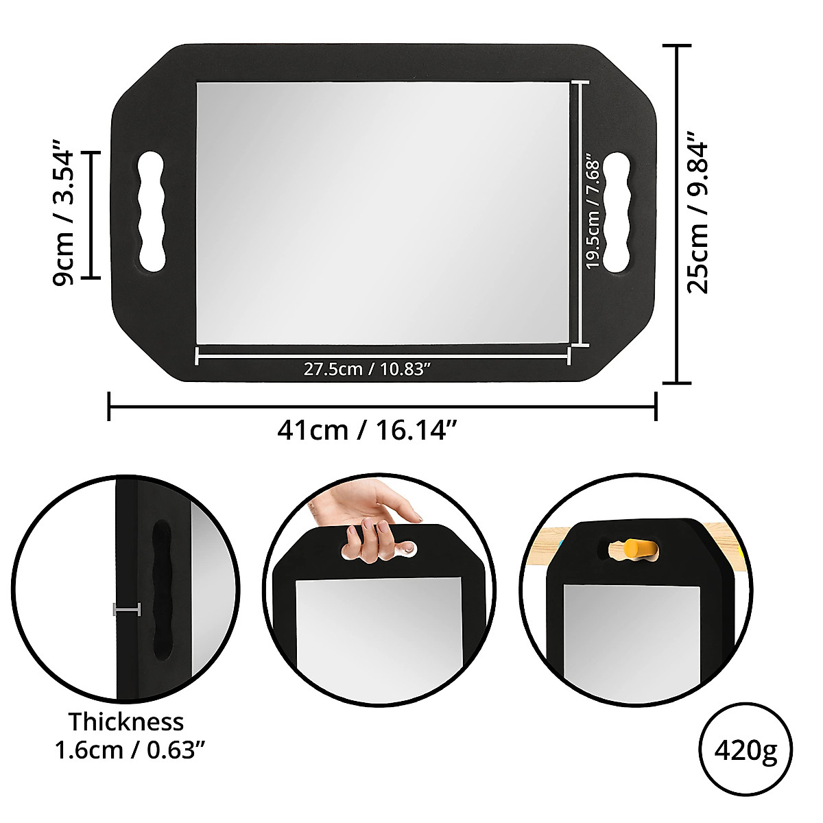 Kurtzy Lightweight Handheld Hairdressing Mirror - Black Foam Handle Mirror for Barbers, Salons and Beauticians - Double Handle Mirror - Viewing Mirror for Back of Head Haircuts