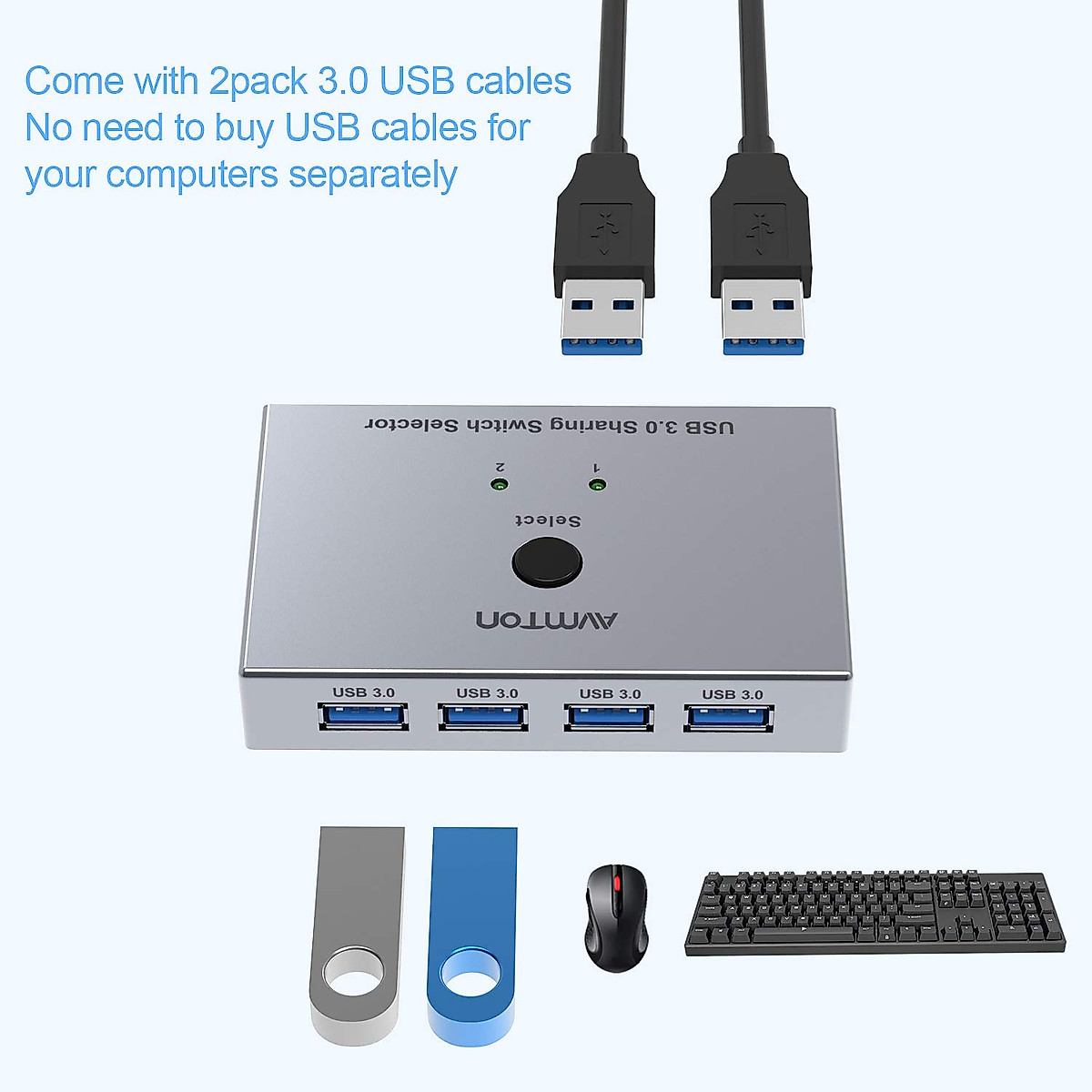 USB 3.0 Switch, AVMTON USB Switcher Selector 2 Computers Share 4 USB 3.0 Devices KVM Switcher Box for PC, Printer, Keyboard, Scanner, Mouse, One Button Control Metal Switch Adapter, 2 USB Cables