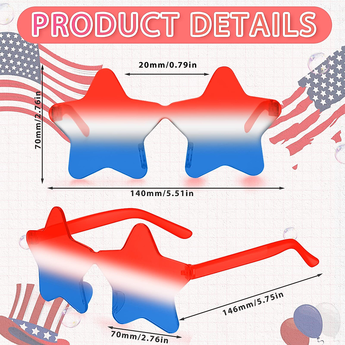 RTBOFY 2 Pack Star Sunglasses for Adult Fashion Party Queen Style Rimless Star Shaped Glasses for Veterans Day Party Favor