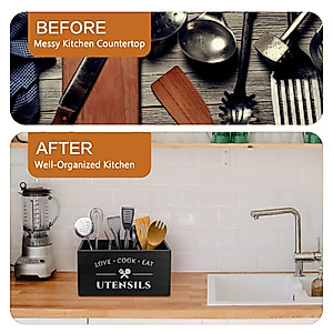 MINCORD Kitchen Utensil Holder with 3 Compartments, Rustic Wooden Utensils Storage Organizer Box Vintage Cutlery Holder, Farmhouse Flatware Utensil Caddy Countertop for Silverware Fork Spoon Spatula