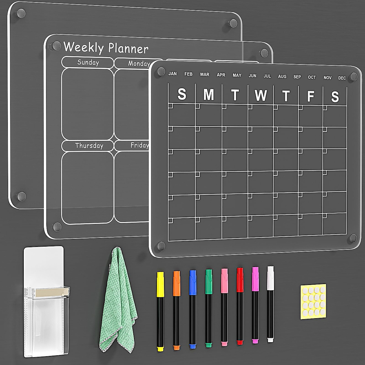 Acrylic Magnetic Calendar for Fridge, Polegas 16"X12" Clear Refrigerator Calendar, Dry Erase Fridge Calendar Whiteboard, Small Monthly Planner Schedule Board with 8 Markers Eraser