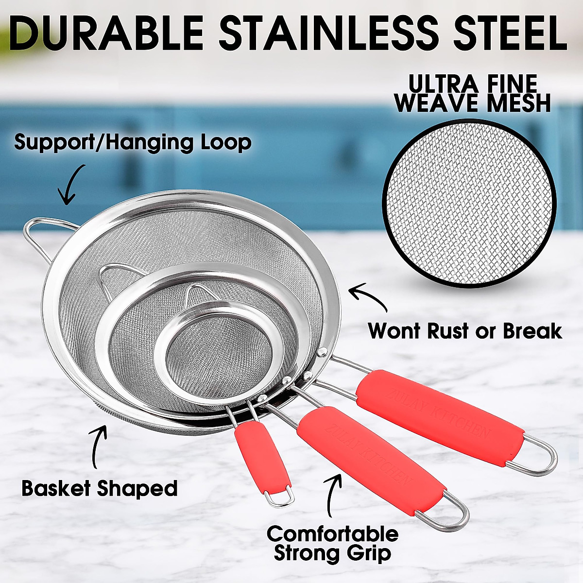 Zulay Kitchen Premium Stainless Steel Fine Mesh Strainer Set - Strainers For Kitchen (Set of 3) With Non-Slip Handles - Includes A Small, Medium & Large Fine Mesh Sieve Set - Durable Metal Strainer