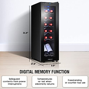 Phiestina Wine Cooler, Freestanding Wine Fridge Holds 12 Bottles, Small Wine Refrigerator for Home Bar with Digital Temperature Control, Glass Front Doors and Interior Lighting
