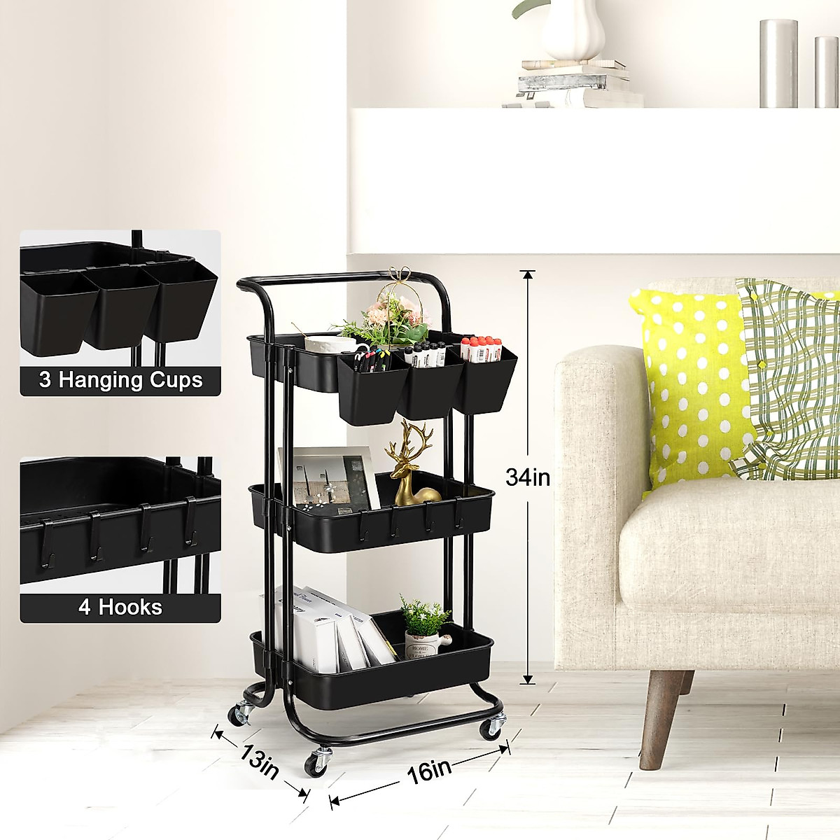 danpinera 3 Tier Rolling Utility Cart with Lockable Wheels & Hanging Cups & Hooks Storage Organization Shelves for Kitchen, Bathroom, Office, Library, Coffee Bar Trolley Service Cart (Black)