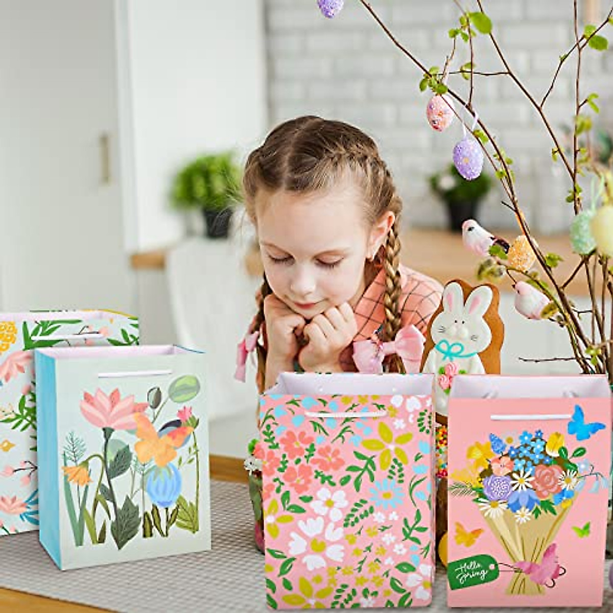 Whaline 12Pcs Spring Paper Gift Bags with Handle Floral Candy Goodie Bag Yellow Blue Pink Flower Treat Bags Party Favor Bags for Wedding Birthday Baby Shower Mother's Day Easter Party Gift Supplies