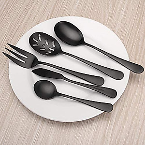 Matte Black Serving Set，SHARECOOK 5-Piece 18/0 Stainless Steel Large Hostess Set with Round Edge, Satin Finished, Dishwasher Safe -Spoons, Forks,Butter Knife& Slotted Spoon