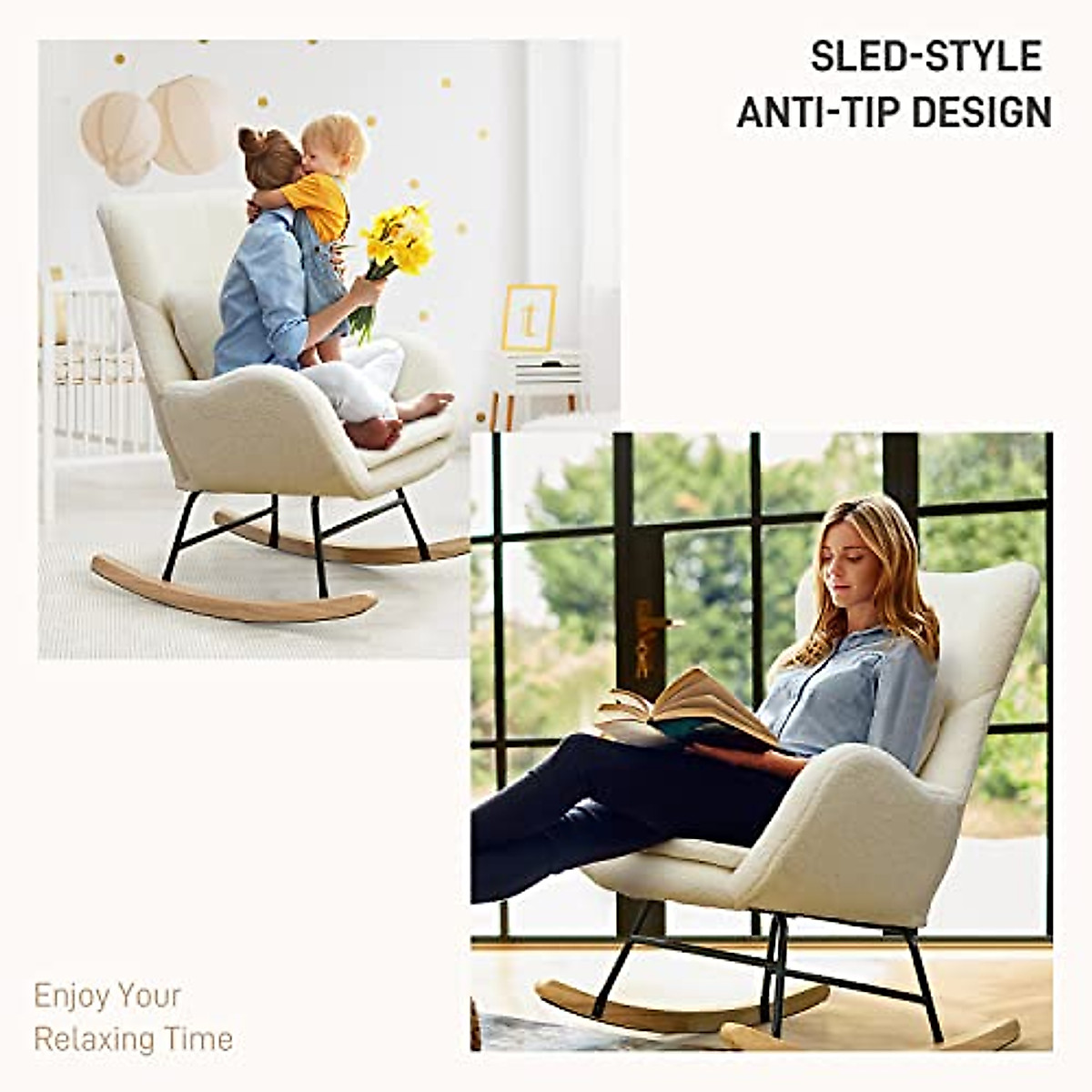 FUNNIU Rocking Chair Nursery, Glider Chair for Baby Nursing with Cushion Teddy Velvet Upholstered Indoor Glider Rocker Comfy Armchair Living Room Chair Accent Chair with High Backrest and Armrests