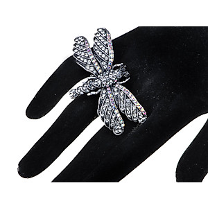 Alilang Gunmetal Tone Shine Clear Rainbow Crystal Rhinestones Dragonfly Ring