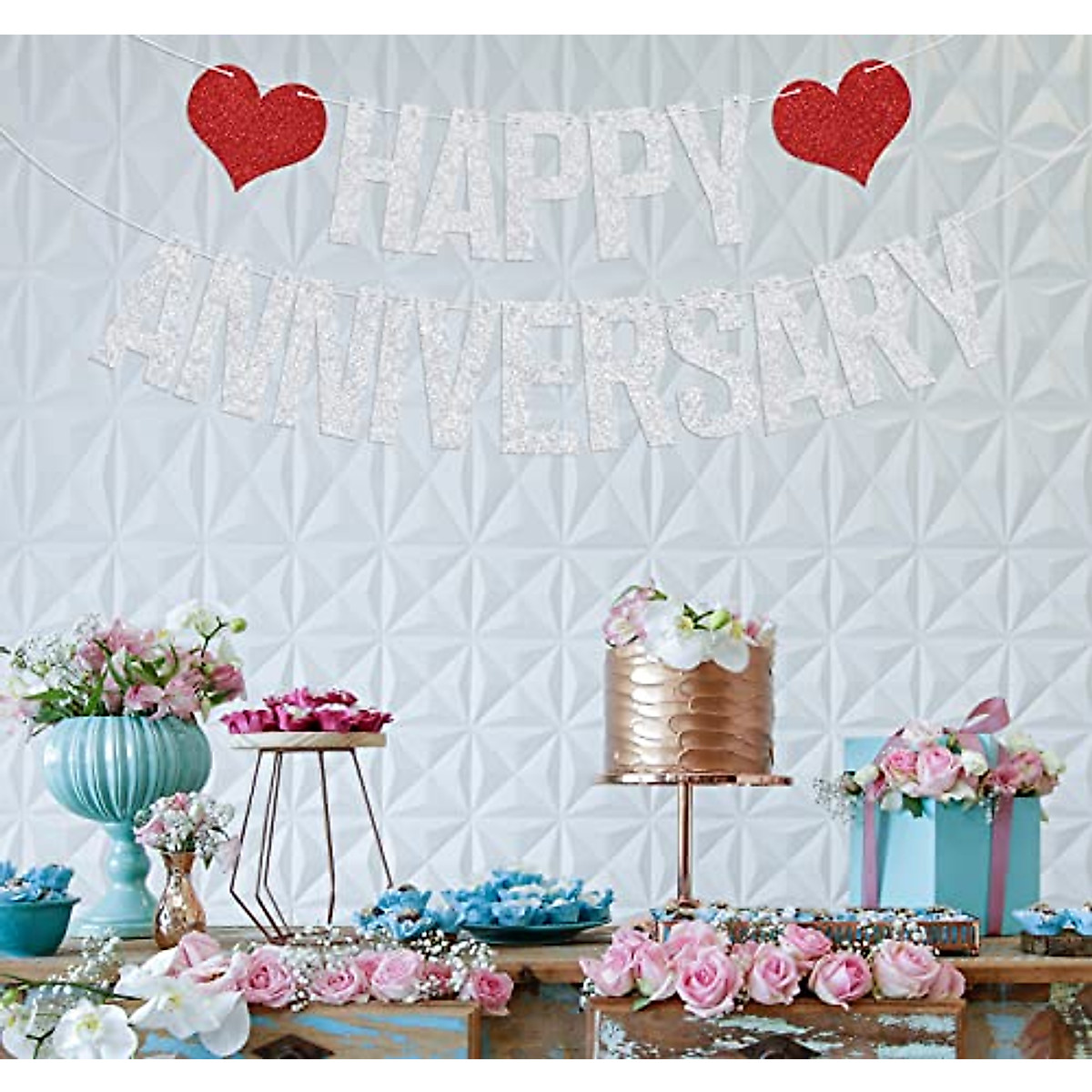Happy Anniversary Banner, Silver Glitter Anniversary Sign, Wedding Anniversary Party Decorations Supplies Man Woman