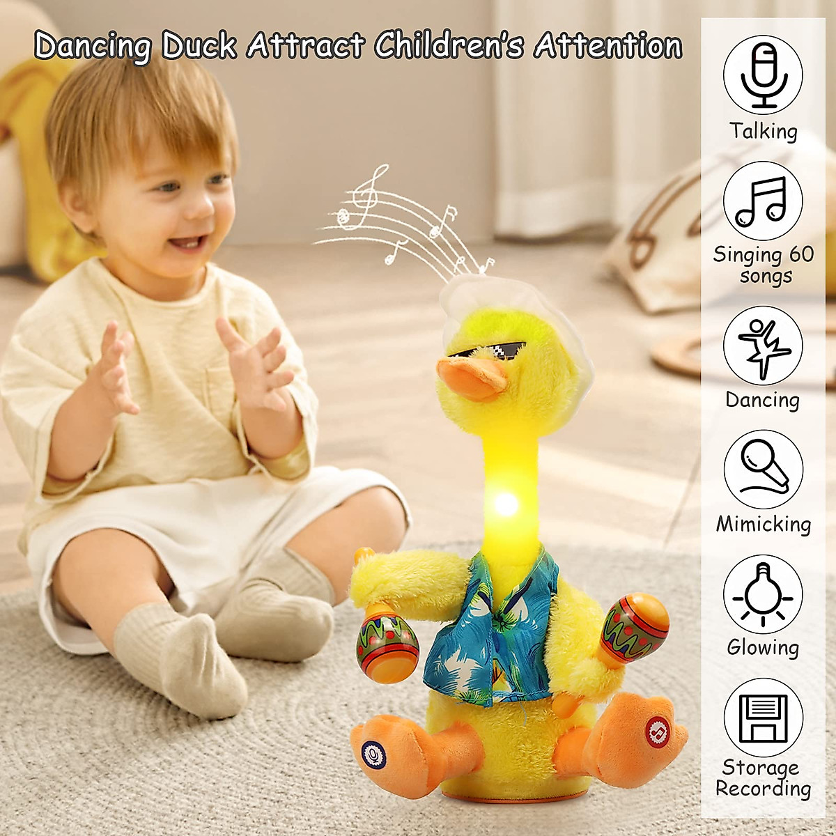 MILEGI Talking Duck Toy Repeats What You Say Dancing Duck Baby Toys for Kids Toddlers Infants Mimicking Singing Duck Stuffed Animal Plush Toys Shaking Head Electric Interactive Animated Toy