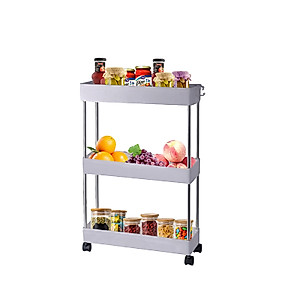 Slim Storage Cart, 3 Tier Mobile Shelving Unit Organizer, Slide Out Rolling Utility Cart Shelf Rack for Kitchen Bathroom Laundry Room Narrow Places, Plastic & Stainless Steel, Gray