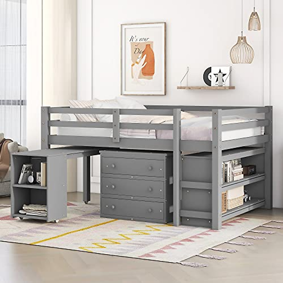 BIADNBZ Full Size Low Loft Bed with Rolling Portable Desk, Cabinet and Storage Shelves, Wooden Multiple Functions Study LoftBed for Kids Boys Girls Bedroom, Gray