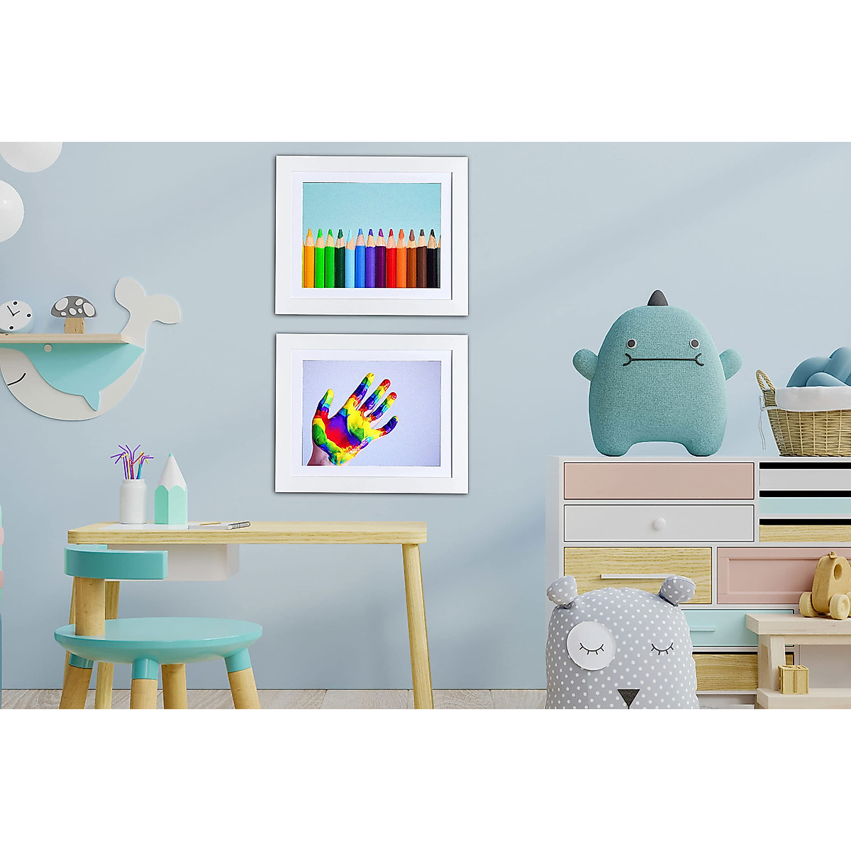 FrameWorks 10” x 12.5” White Wooden Kid Art Frame with Gallery Style Edges, Tempered Glass, and Elastic Straps