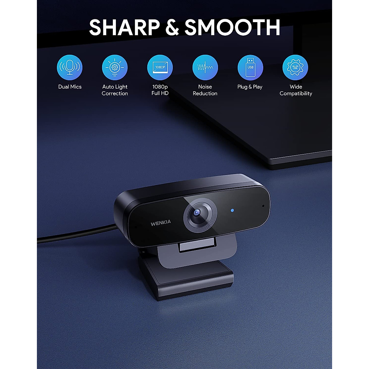 Webcam with Microphone, WENKIA Full HD 1080P USB Desktop Web Computer Camera with Dual Stereo Microphones, Streaming Webcam for Video Conferencing & Chatting, Compatible with Windows, Mac, PC & Laptop