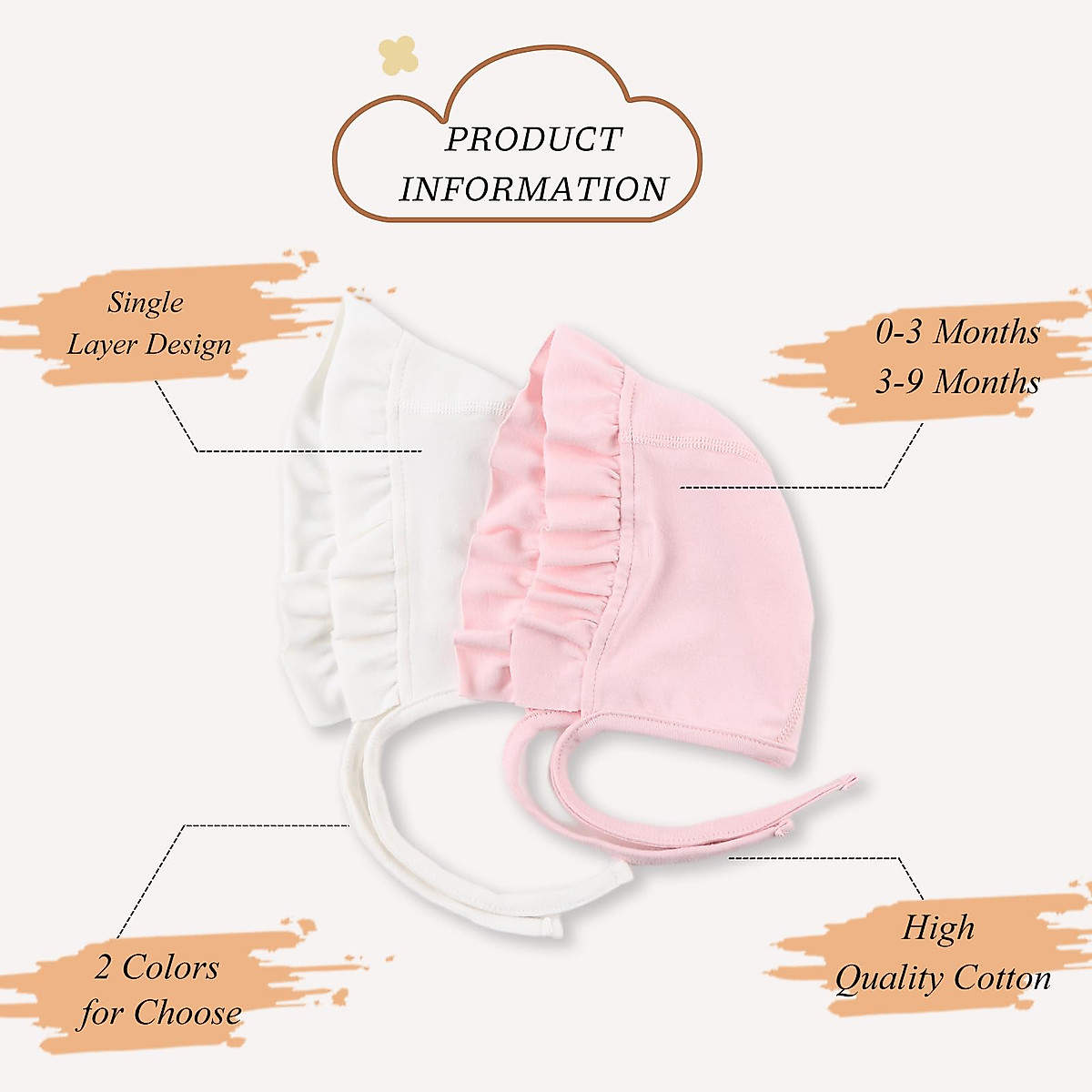 Lovely Baby Girl Hospital Hat Soft Cotton Newborn Beanie Winter Baby Hats for Infant Girls (White+Pink, S)