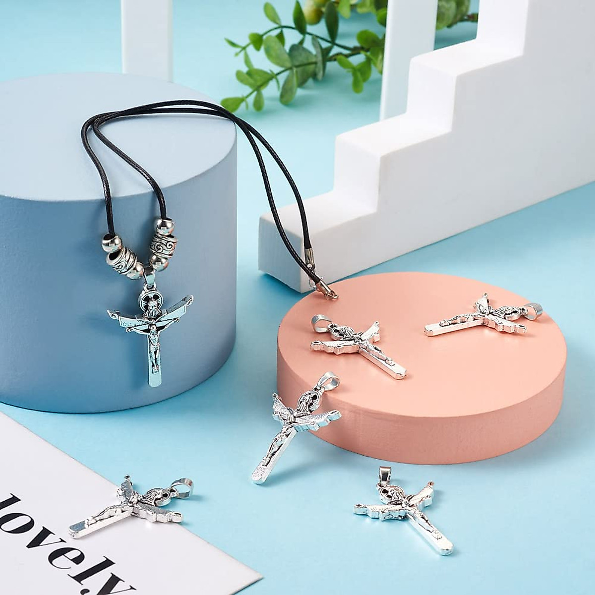 KISSITTY 10pcs Tibetan Style Alloy Crucifix Cross Pendants Religious Cross Charms with Pinch Bail for Easter Rosary Holy Beads Necklace Jewelry Making Antique Silver