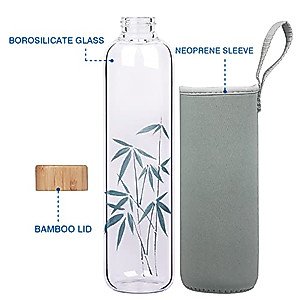 Cleesmil Borosilicate Glass Water Bottle 16 oz / 32 oz BPA Free Reusable Glass Drinking Bottle with Neoprene Sleeve and Bamboo Lid (16 oz, Bamboo)