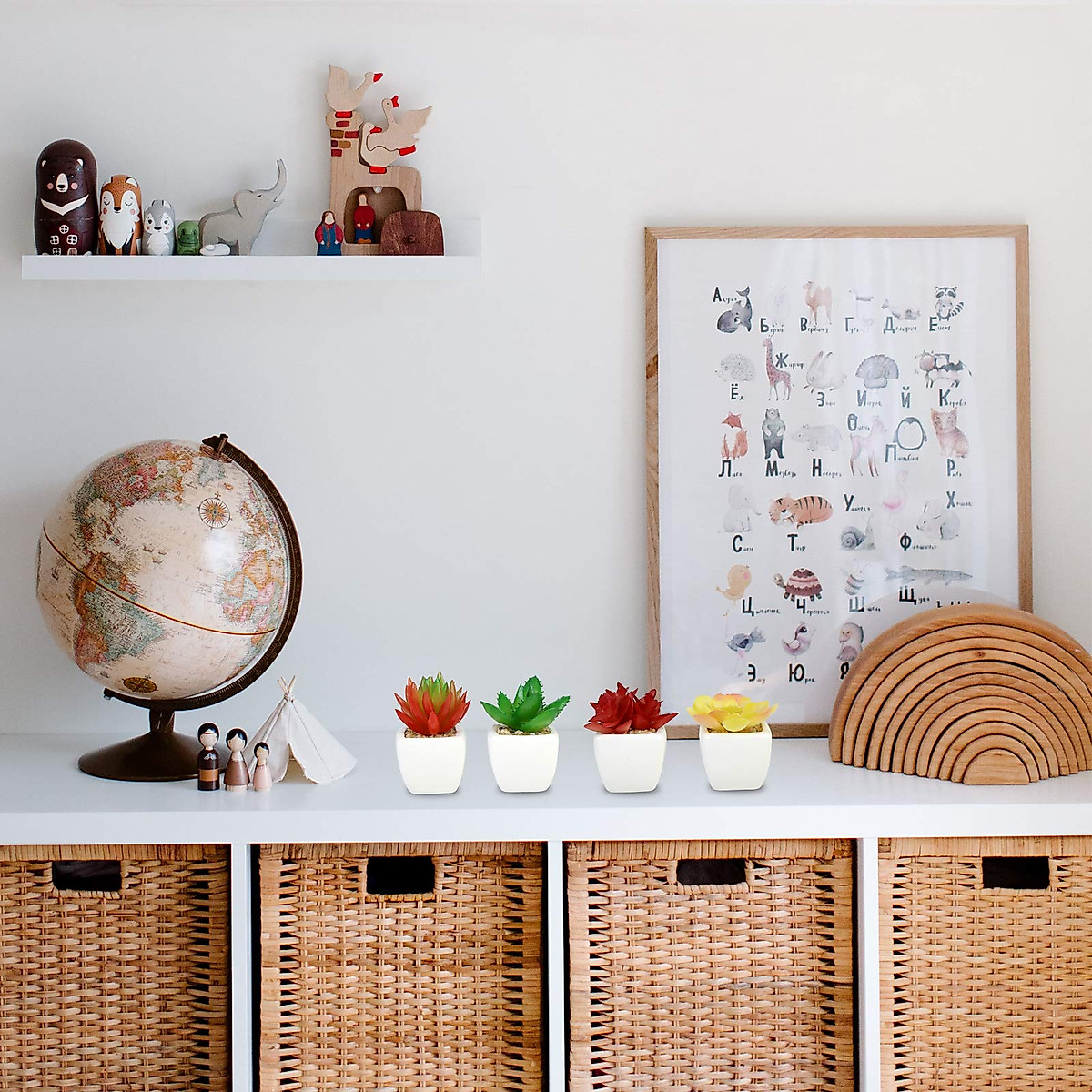 4 Pack Succulent Plants Artificial Fake Succulents in Pots Faux Succulents Fake Plants Bulk Assortment in Flocked Green Small Succulent Holder Decor for Window Landscape Garden Home Office Decor